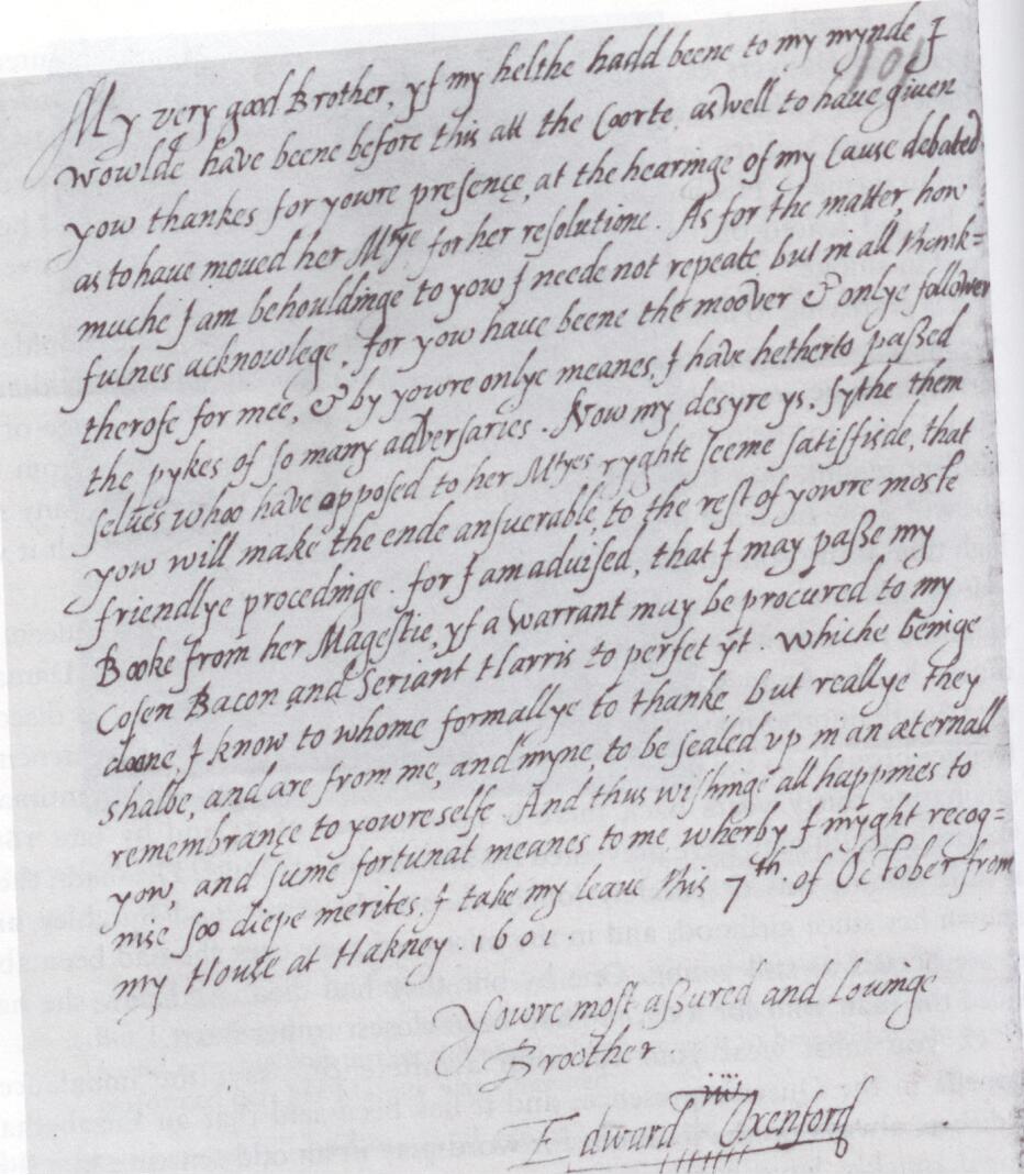 Letter from Oxford to Robert Cecil Oct 1601 | Hank Whittemore's ...